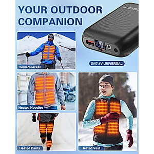 Topdot Heated Vest Battery Pack - 7.4V/5V 16000mAh Rechargeable Power Bank with LED Display and DC/USB/Type-C Output for Heated Vests, Jackets, and Hoodies - Portable Charger with USB-C Charging Cord