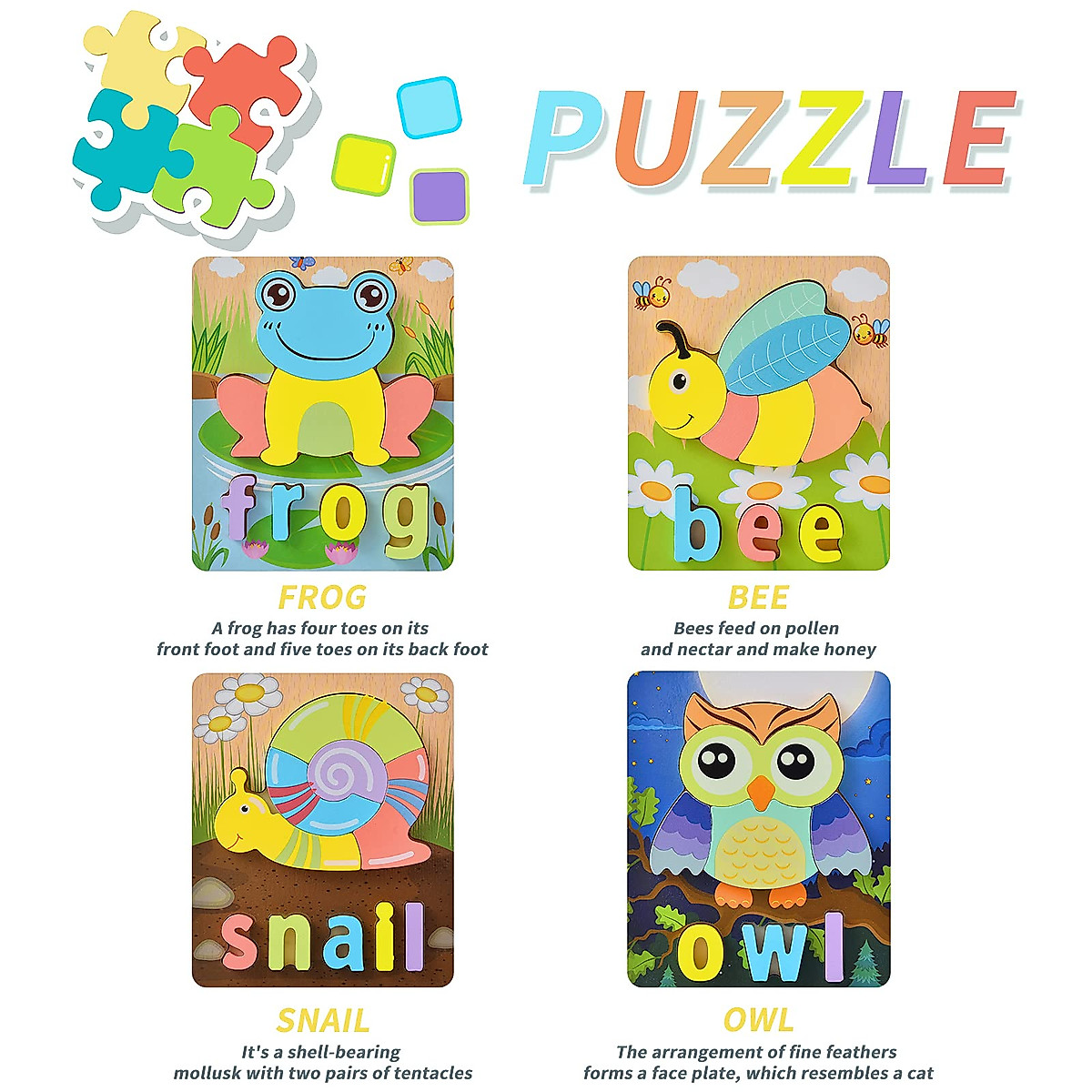 Cheerlyhood Toddler Jigsaw Puzzles Wooden Montessori Educational Preschool Learning Toys Frog Bee Snail Owl 4 Pack