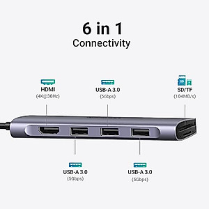 UGREEN Revodok 106 USB C Hub 6 in 1 USB C Dongle 4K HDMI, 3 USB 3.0 Ports, SD/TF Card Reader Compatible with MacBook Pro, MacBook Air, iPad, iPhone 15 Pro/Pro Max. Grey