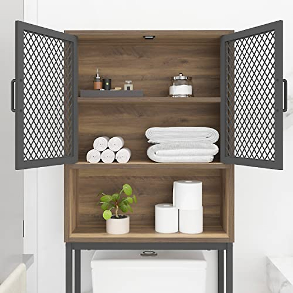Launica Bathroom Organizer Over Toilet, Over The Toilet Storage Cabinet, Wood Metal Bathroom Space Saver Stand Behind Toilet, Industrial Freestanding Bathroom Rack Above Toilet Wtih Shelf, Rustic Oak