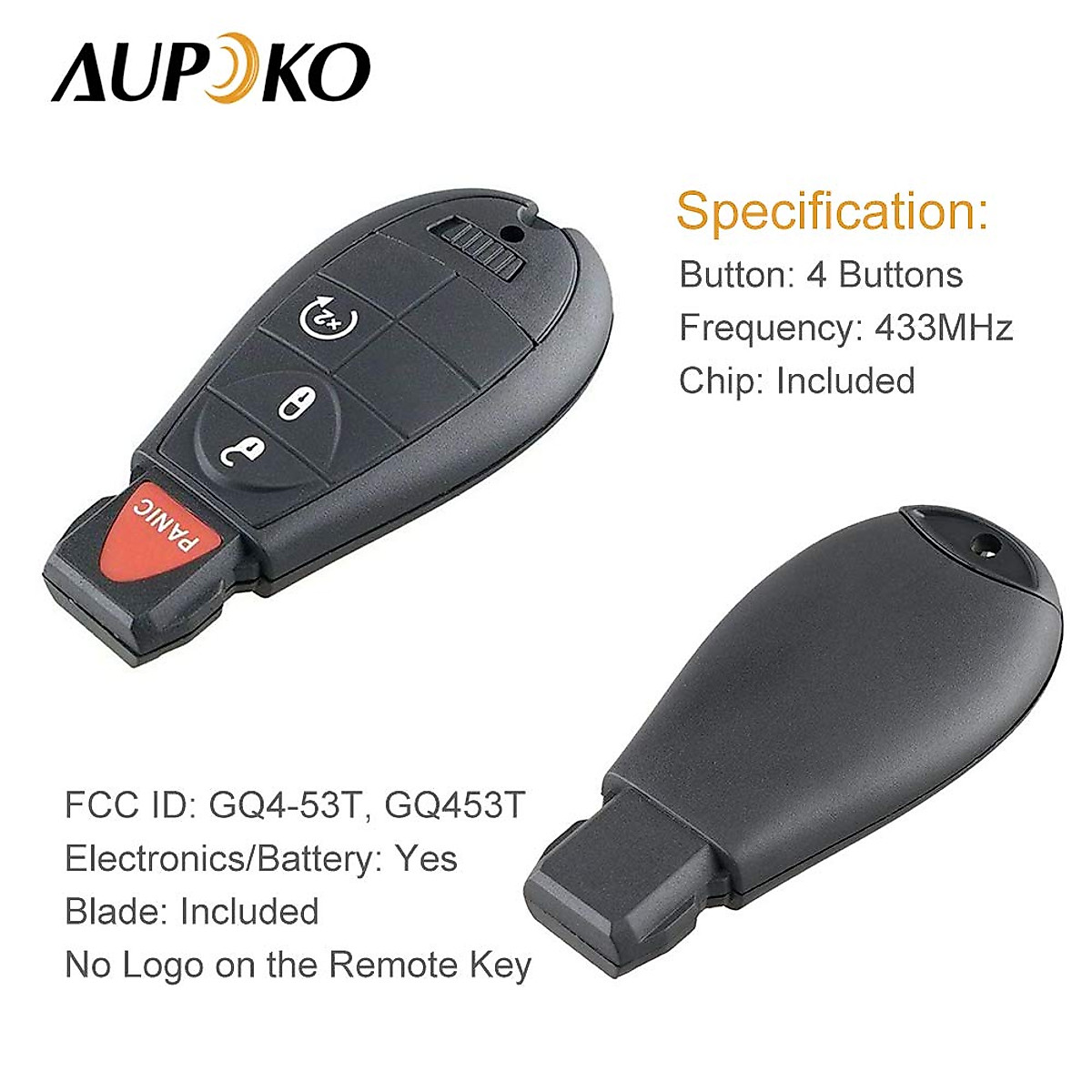 Aupoko GQ4-53T 4 Buttons Keyless Entry Fob, 2 PC Programmable Remote Keys, Replace# 56046955,56046955AG, 56046955AA, 56046955AB, Compatible with 2013-2018 Dodge Ram 1500 2500 3500