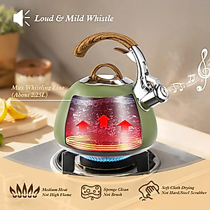 suyika Stove Top Whistling Tea Kettle Food Grade Stainless Steel Teapot with Wood Pattern Handle 3 Quart Green