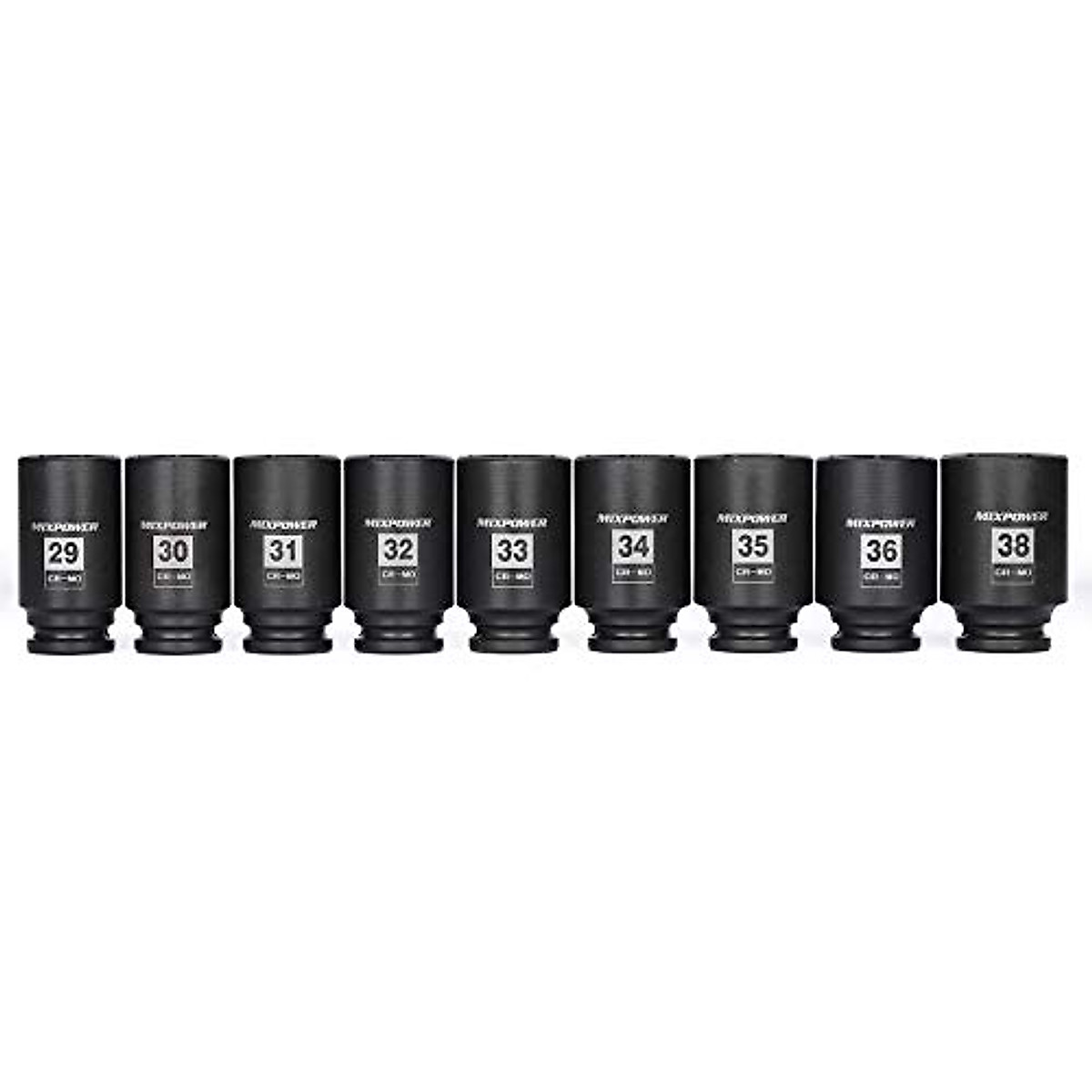 MIXPOWER 1/2- Inch Drive Deep Impact Socket Set, 6 Point, CR-MO, Metric, 29mm-38mm, 9-Piece 1/2" Dr. Deep Spindle Axle Nut Impact Socket Set