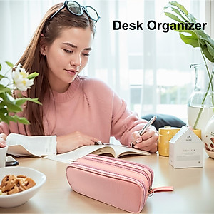 Twinkle Club Pink Big Capacity Pencil Case Organizer - Neat and Durable Pouch with Zipper and Handle for School, College, and Office Supplies