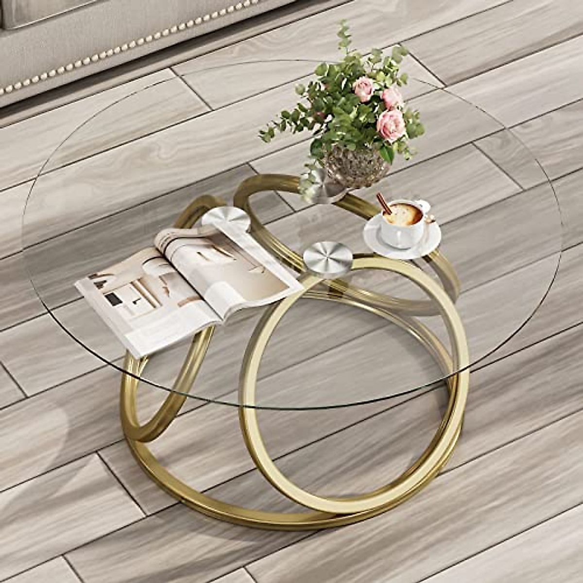 O&K FURNITURE Gold Coffee Table, Modern Round Glass Coffee Table for Living Room with Ring-Shaped Frames, Gold Glass Table for Home&Office,Gold Finish, 1PC