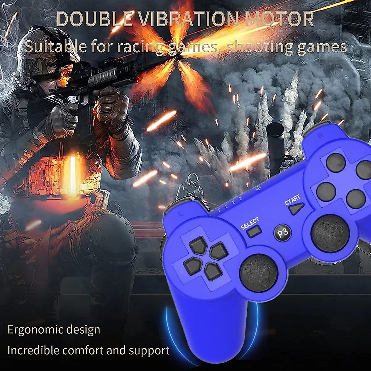 Rzzhgzq 2 Pack PS3 Wireless Controller Playstation 3 Controller Wireless Bluetooth Gamepad with USB Charger Cable for PS3 Console (Black+Blue)
