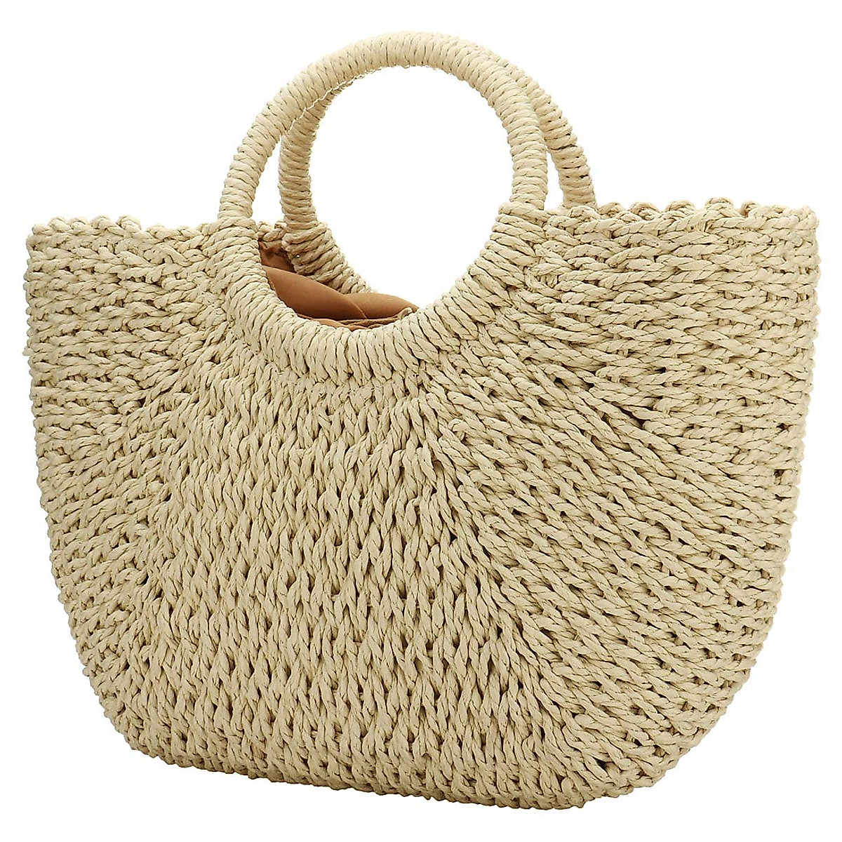 Straw Bags for Women, Hand-woven Straw Large Hobo Bag Round Handle Ring Toto Retro Summer Beach bag (Beige)