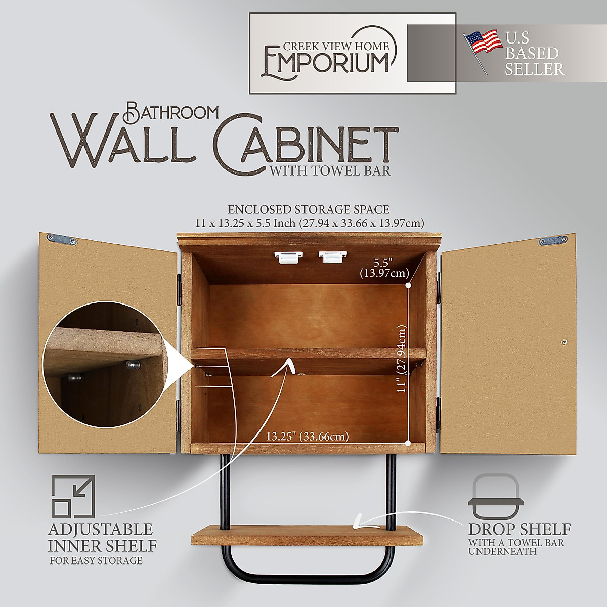 Creekview Home Emporium Bathroom Cabinet Wall Mounted - Hanging Above Toilet Storage Cabinet with Towel Bar - Rustic Farmhouse Medicine Cabinet for Over The Toilet Organization with Latching Doors