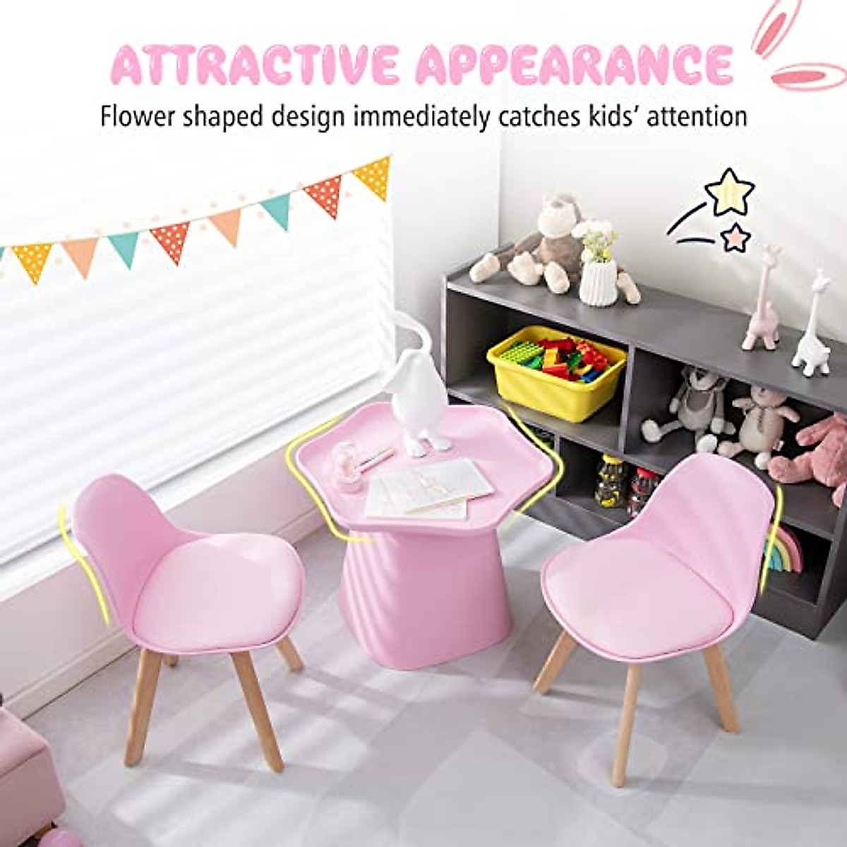 Costzon Kids Table and Chair Set, 3 Piece Activity Table with Padded Seat & Beech Legs for Children Drawing Reading Arts Crafts, Playroom, Nursery, Toddler Table and Chair Set (Pink)