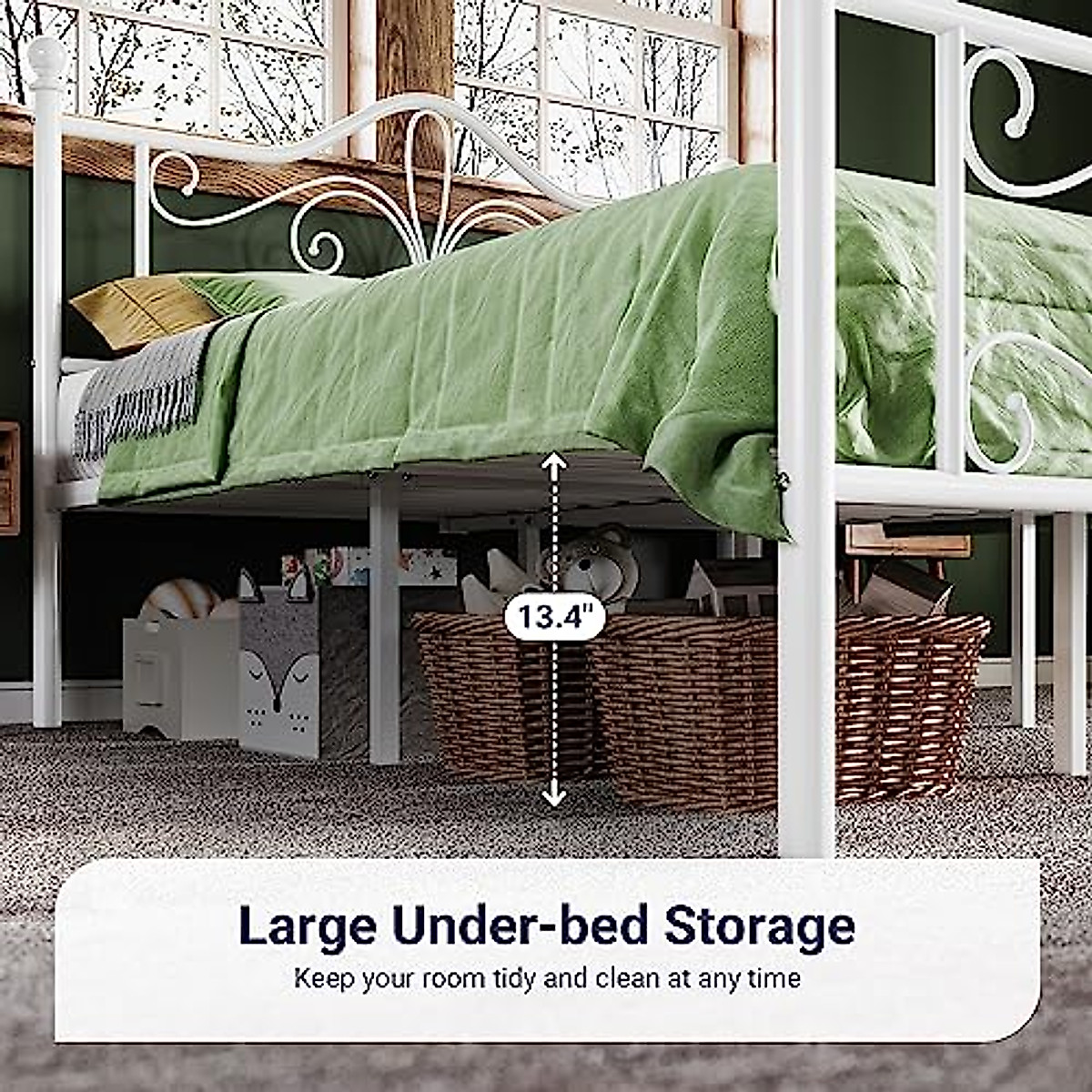 Allewie Queen Size Bed Frame with Headboard,Metal Bed Frame with Butterfly Pattern Design Headboard & Footboard,No Box Spring Needed,Easy Assembly,White
