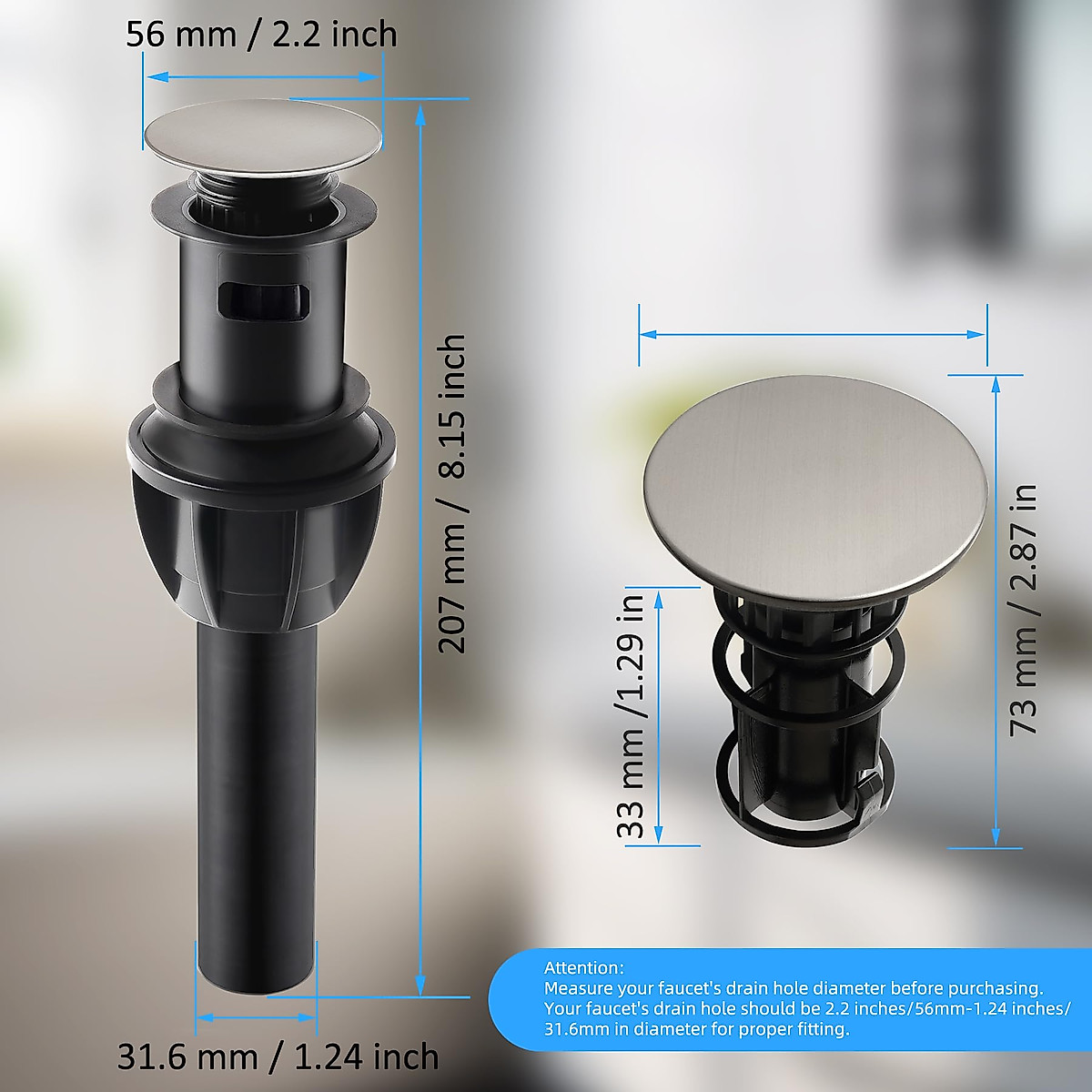 Hibbent 2 Pack Push and Seal Pop Up Drain Stopper with Overflow for Bathroom Sink Faucet Vessel Vanity, Brushed Nickel