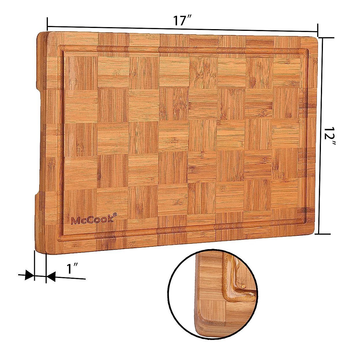 Cutting Board, McCook® MCW12 Bamboo Cutting Board, Wood Cutting Board for Meat, Cheese and Vegetables w Juice Groove, End Grain Cutting Board, Cheese Charcuterie Board Serving Tray(L, 17”*12”*1”)