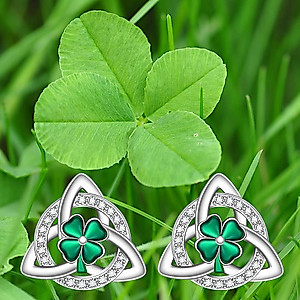 Celtic Knot Green Shamrock Earrings for Women Studs Four Leaf Clover St Patricks Day Earrings Triangle Jewelry Birthday Irish Birthday Gifts Sterling Silver