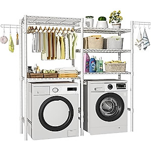 Ulif U6 Clothes Drying Rack, 5 Tiers Freestanding Over Washer and Dryer Laundry Room Storage and Organizer, Heavy-Duty Space Saver Shelf for Hanging Clothes and Towels, 65.3”W x 13.4”D x 77.5”H, White