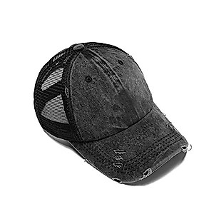 Eohak Distressed Ponytail Hats Baseball for Women Messy-Bun Pony Caps (Black)