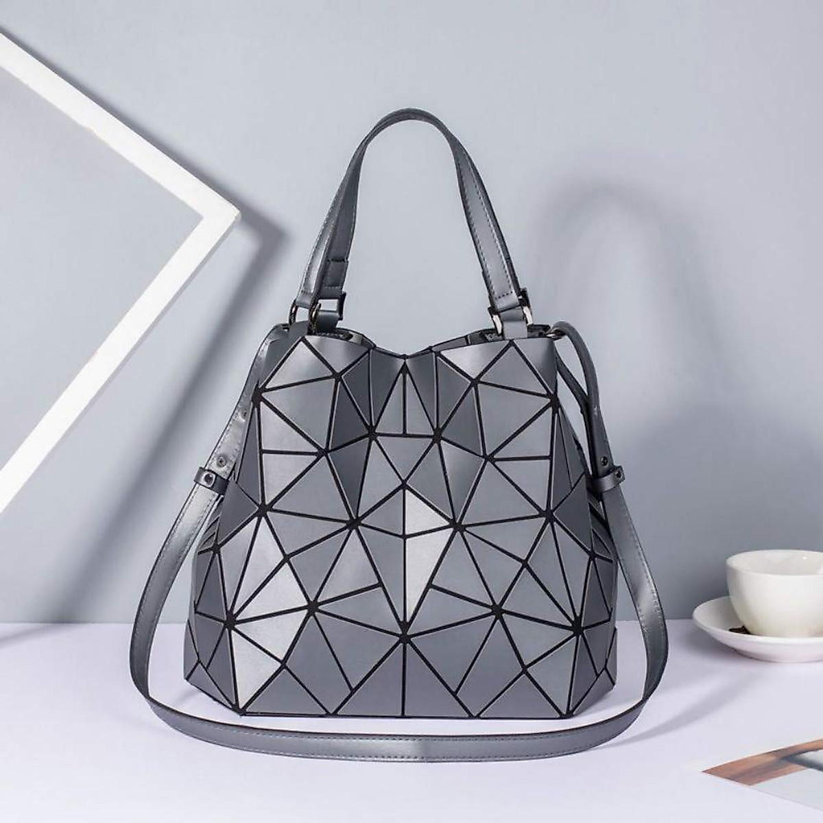 Kbinter Geometric Luminous Purses and Handbags Shard Lattice Eco-Friendly Artificial Leather Rainbow Holographic Purse, Silver, Large