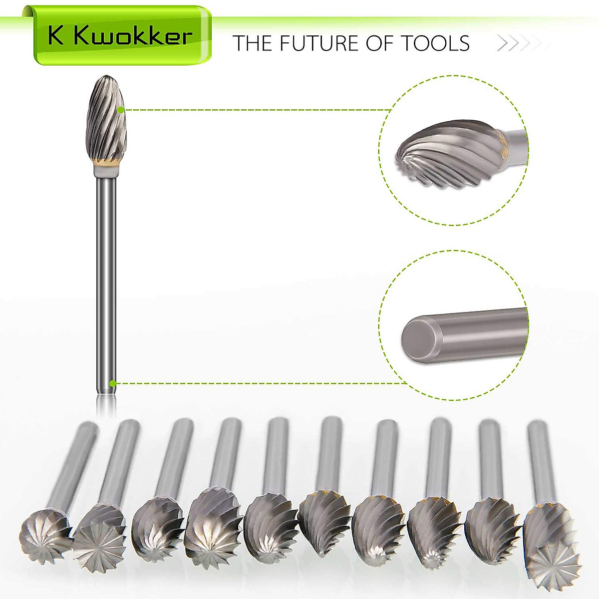 K Kwokker Tungsten Carbide Burr Set 1/8 Shank Diamond Files HRA85 Rotary Tool Accessory Kit, Drill Chucks Accessories for Dremel Rotary Drill Air Die Grinder for Metal Polishing, Wood Carving