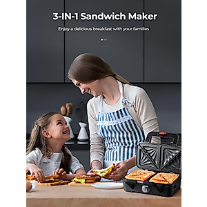 AMEGAT 3 in 1 Sandwich Maker, Waffle Maker with Removables Plates, Panini Press Waffle Iron Set with 5-gear Temperature Control, Non-stick Coating Cool Touch Handle Anti-skid Feet for Breakfast, 1200W