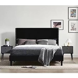 Anwickmak Modern Queen Bed Frame, Velvet Upholstered Wingback Platform Bed Frame Queen Size with Headboard, Low Profile Bed Frame, Sturdy Wooden Slats, Noise-Free, No Box Spring Needed (Black)