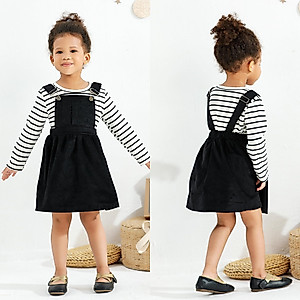 YOUNGER TREE Toddler Baby Girl Fall Outfit Long Sleeve Stripe T-shirt and Strap Dress Overall with One Pocket Clothes Sets (Black, 18-24 Months)