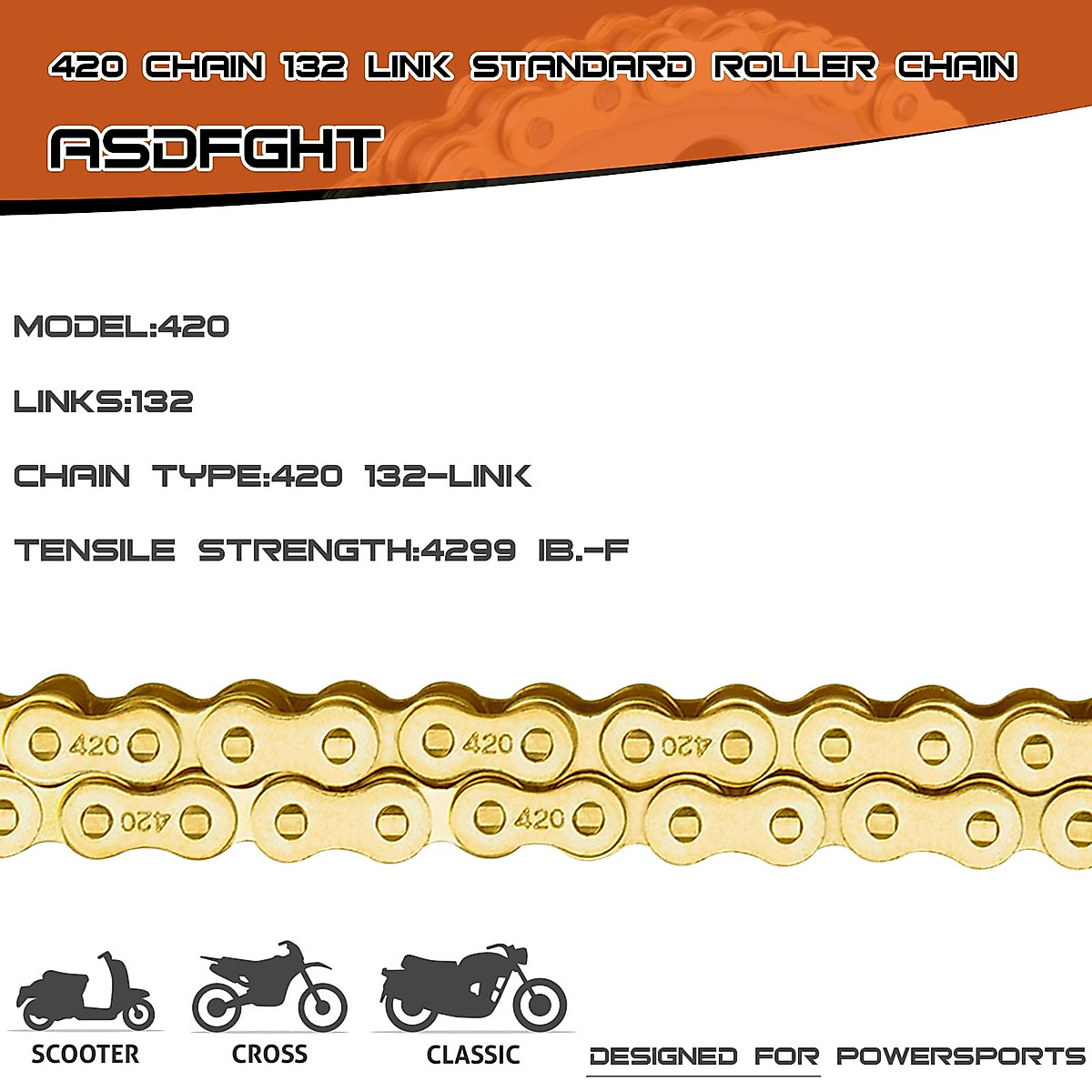 ASDFGHT 420 Chain 420 Standard Roller Chain 132 Link, Gold 420 Drive Chain for 110 125cc Dirt Pit Bike, ATV Quad Go Kart Scooter Mini Bike (With Chain Breaker +0.4" Chain Axle Adjuster)