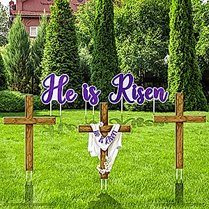 6 Pieces Happy Easter He Is Risen Yard Sign Decorations Rustic Cross Religious Easter Yard Sign Christian Easter Yard Decorations for Holiday Outdoor Lawn Decorations Garden Party Home Decor