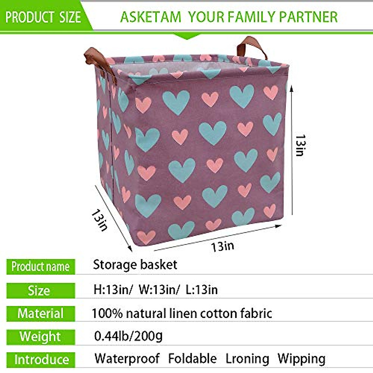 ASKETAM Square Canvas Collapsible Fabric Baby Toy Box Storage Bin Bedroom Decor Closet Kids Laundry Baskets Toy Organizer,Shelf Basket Nursery Storage,Gift Baskets(Love in Purple)