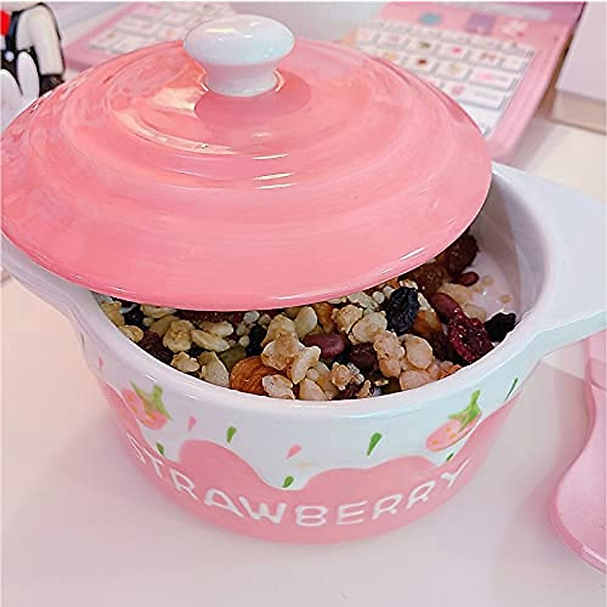 LELAKAYA Cute Strawberry Enameled Porcelain Bowl With Handle, Fruit Salad, Dessert, Rice, Cereal, Noodle, Breakfast Bowl WIth Lid, Household Tableware 6.18"X3.35"