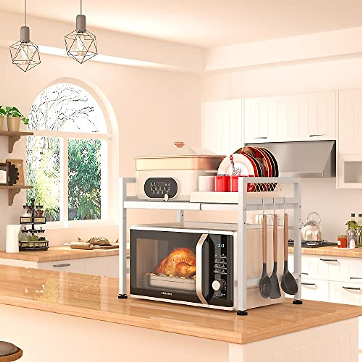 PUSDON Extendable Microwave Oven Rack, Adjustable Microwave/Toaster Shelf Heavy Duty Stand Kitchen Counter Top Organizer(L15.7~23.6" xW12.6 xH18.9), 2-Tier with 3 Hooks, 160lbs Weight Capacity, White