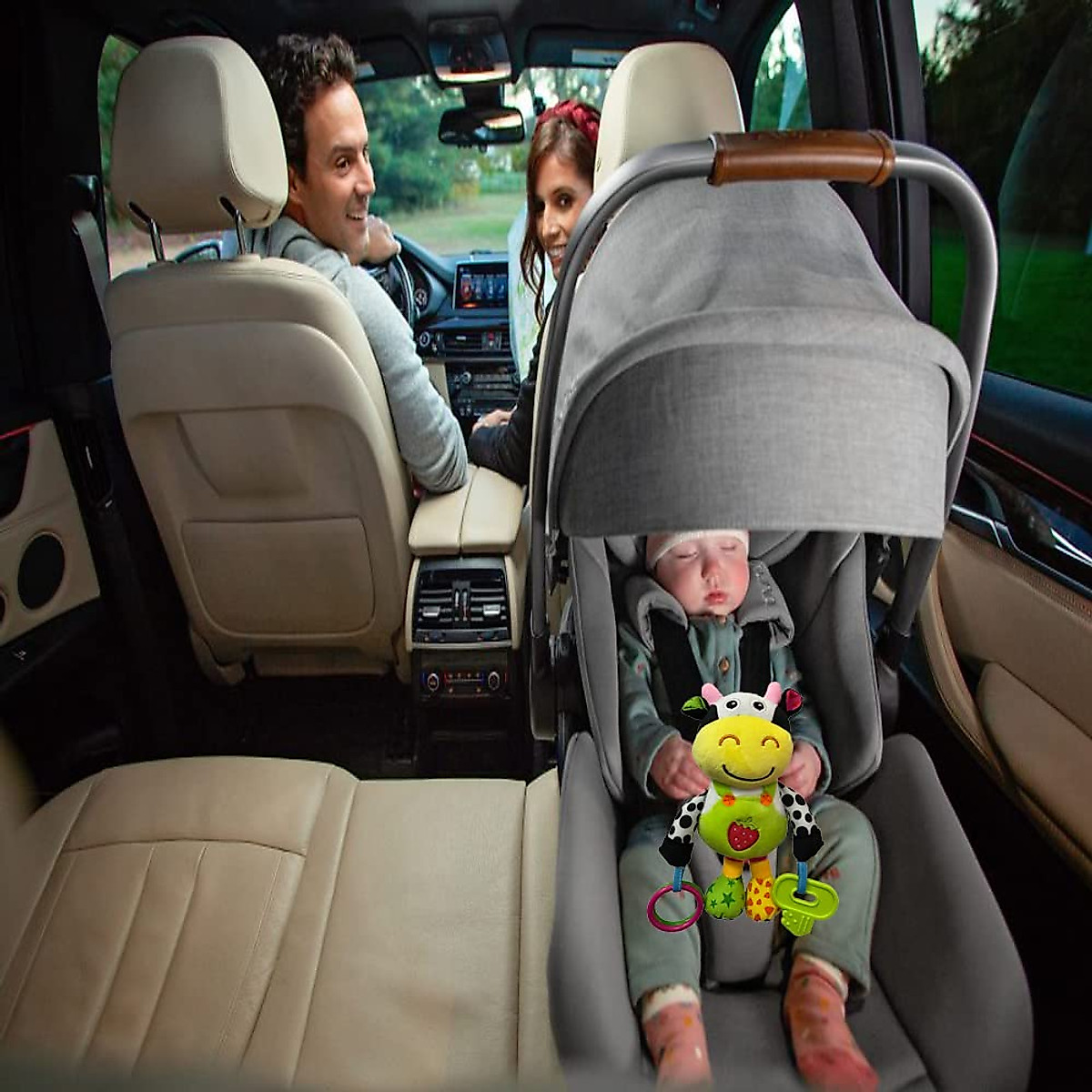 Cute Hanging Stroller Car Seat Toys for Baby, C Clip Hanging Animal Soft Toys with Rattles BB Squeaker Distorting Mirror for Boys Girls 0-36 Months (Green)