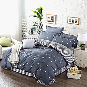 3 Pieces Duvet Cover Set Blue Gray with White Triangles - Ultra Soft and Easy Care Design Summer Bedding Duvet Cover Queen Size 90x90+ 2 Pillow Shams- 800 TC with Zipper Closure 4 Corner Ties