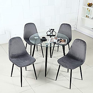 Round Dining Table Set for 4 - Circle Glass Dining Room Table Set,5 Piece Black Dining Set with Velvet Dining Chairs - Modern Kitchen Table and Chairs for Dining Room,Dinette or Small Space,Deep Grey