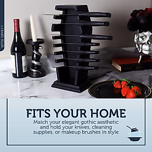 Potted Pans Gothic Kitchen Coffin Knife Holder - Spooky 7 Blade Goth Kitchen Decor Knife Storage - Gothic Oddities Wood Coffin Halloween Kitchenware Counter Accessory Steak Knife Organizer
