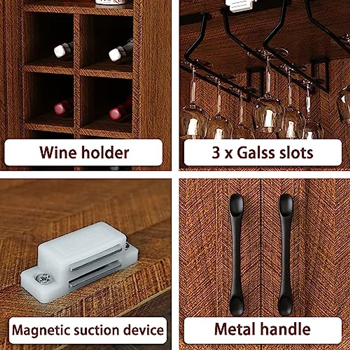 FROMJBEST Wine Bar Cabinet, Coffee Bar Cabinet with 2 Door and Shelf, Glass Holder, Accent Storage Cabinet, Buffet Sideboard for Dining Room, Kitchen (Brown)