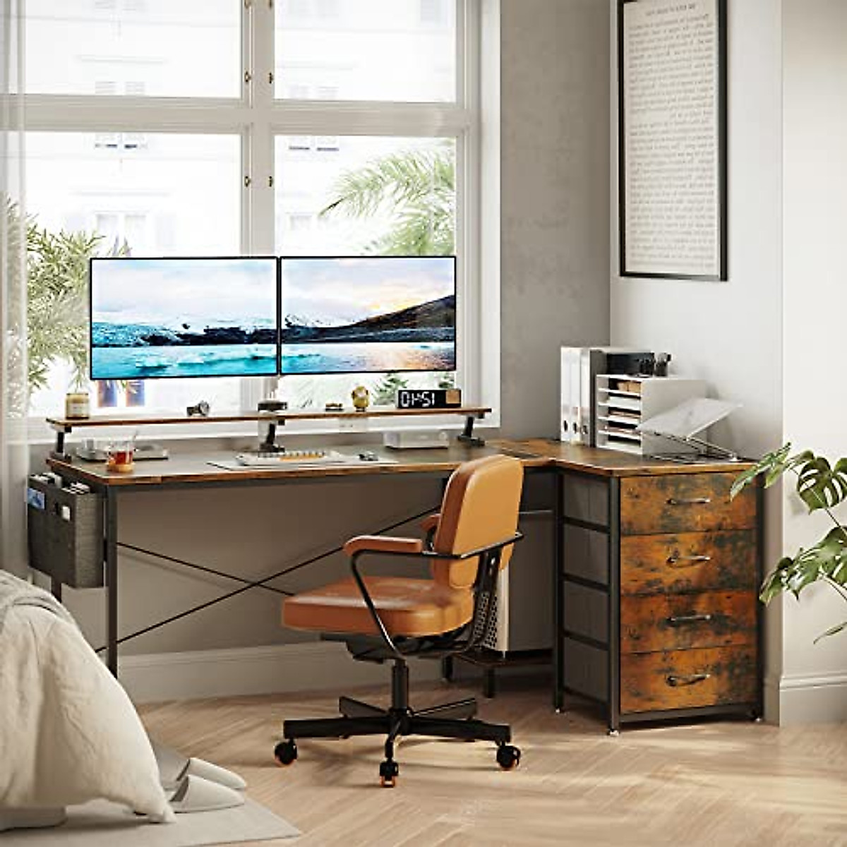 KKL 63 inch L Shaped Computer Desk with USB Charging Port & Power Outlet, L-Shaped Corner Desk with 4 Tier Drawer & Monitor Shelf for Home Office Workstation, Modern Style Writing Table, Vintage