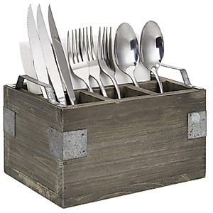 MyGift Solid Wood Napkin and Flatware Holder Buffet Picnic Server Caddy with Vintage Gray Finish, Tabletop Utensil Holder with 4 Compartments, Galvanized Metal Handles and Corner Wrap Accents