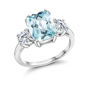 Gem Stone King 925 Sterling Silver Sky Blue Simulated Aquamarine and White Moissanite 3 Stone Ring For Women (3.36 Cttw, Cushion Cut 10X8MM, Round 4.5MM, Gemstone, Available In Size 5, 6, 7, 8, 9)
