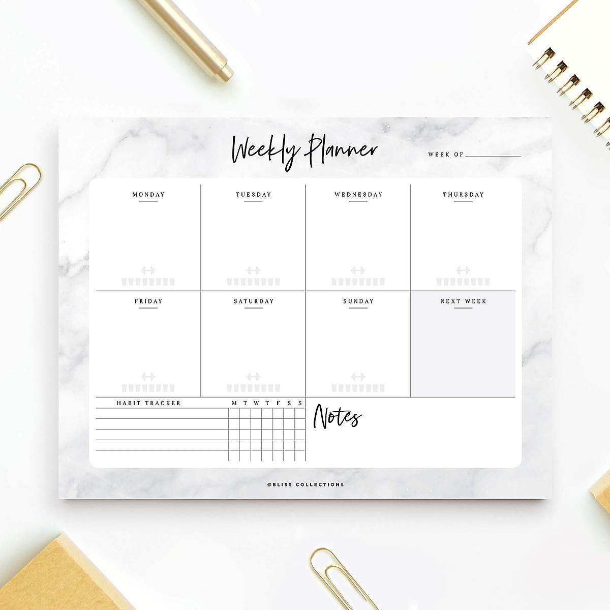 Bliss Collections Weekly Planner, Marble, Undated Tear-Off Sheets Notepad Includes Calendar, Organizer, Scheduler for Goals, Tasks, Ideas, Notes and To Do Lists, 8.5"x11" (50 Sheets)
