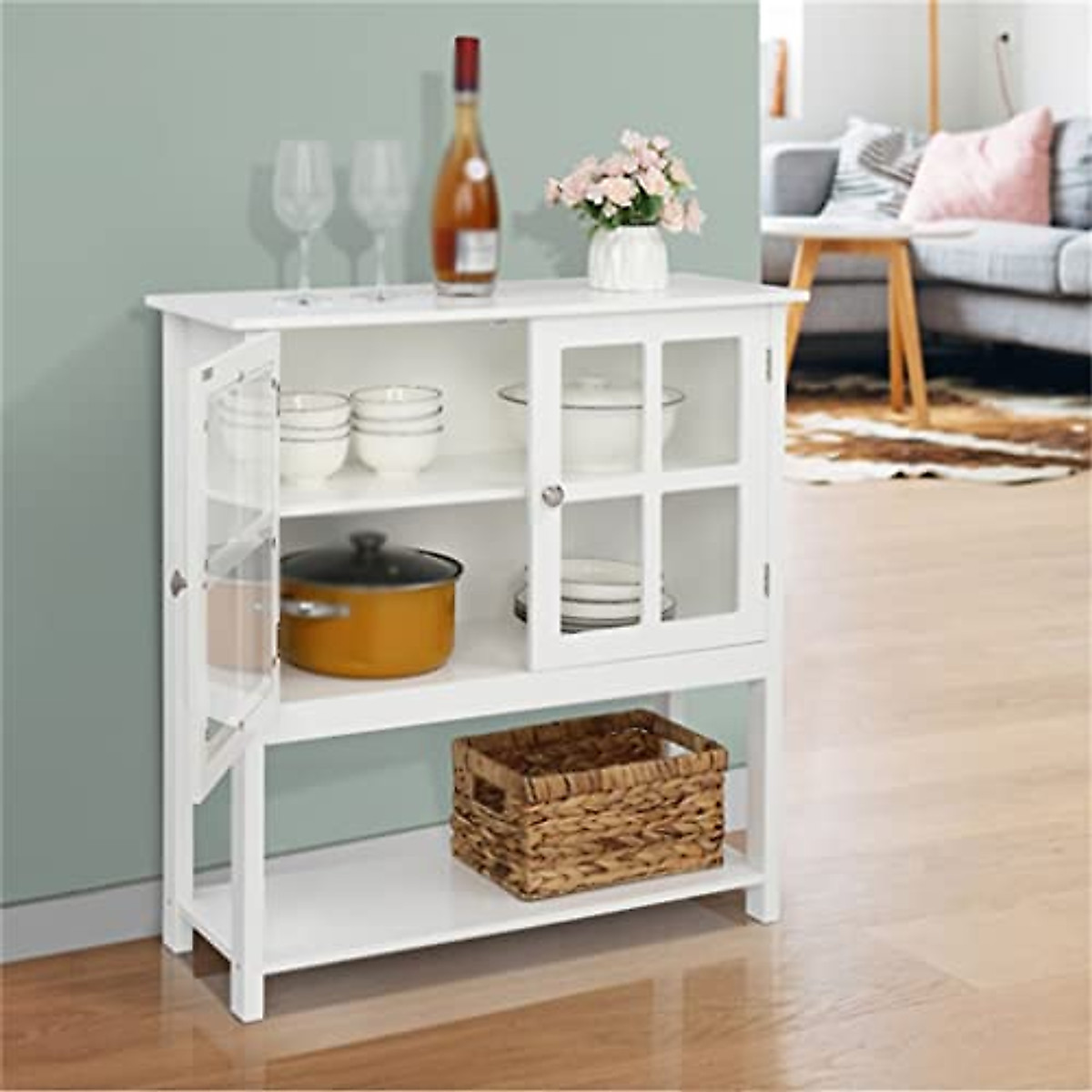 SEASD MDF CNC Painted Sideboard FCH 80 * 28 * 83.8cm Transparent Double Door Double Internal Compartment with Bottom Storage Shelf