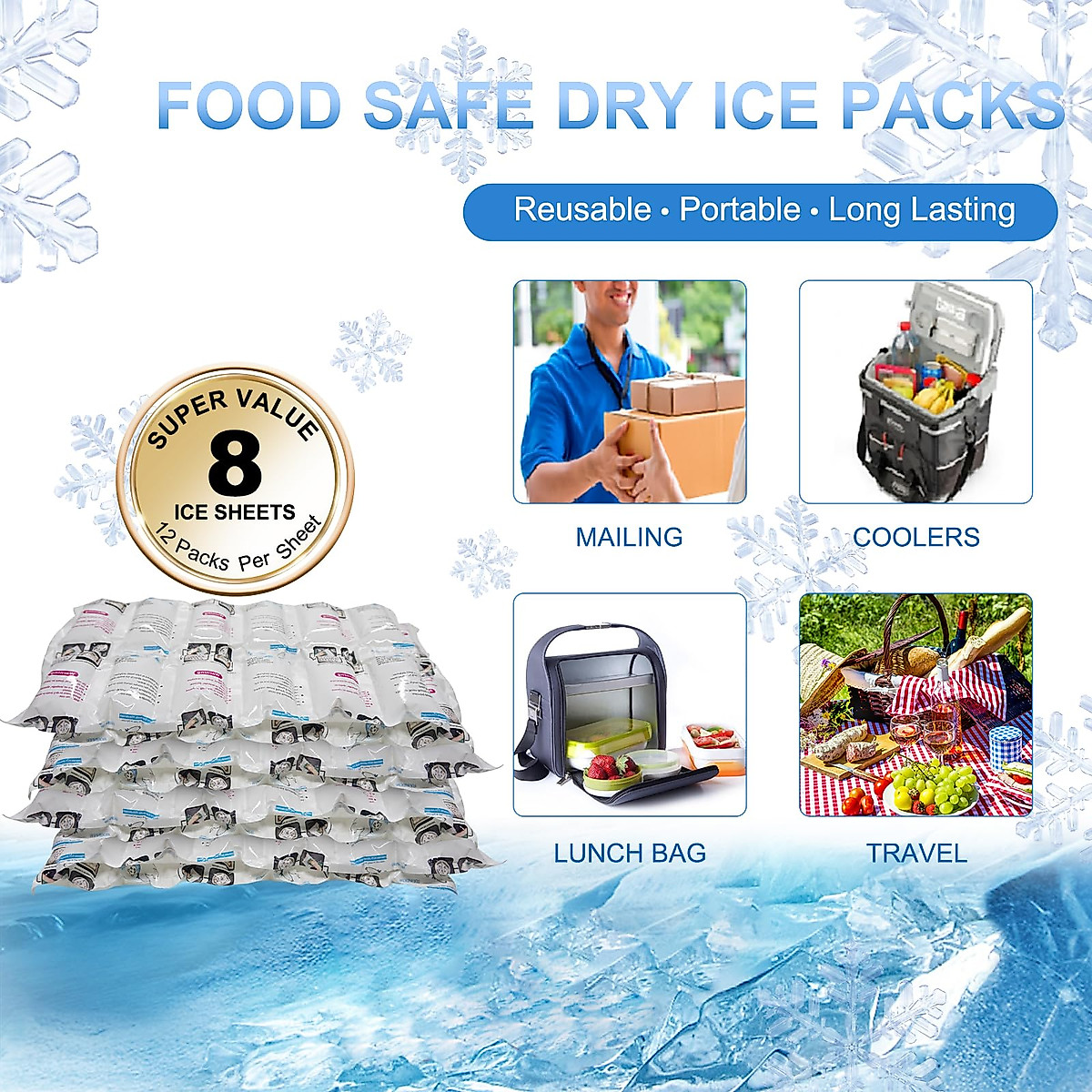 RAINBOW Dry Ice Packs for Shipping Long Lasting (8 Sheets, 12 Packs/Sheet), Reusable Lightweight Food Ice Pack Sheets for Lunch Boxes or Coolers, Shipping Frozen Food, 7" X 13" – Cut to Any Size