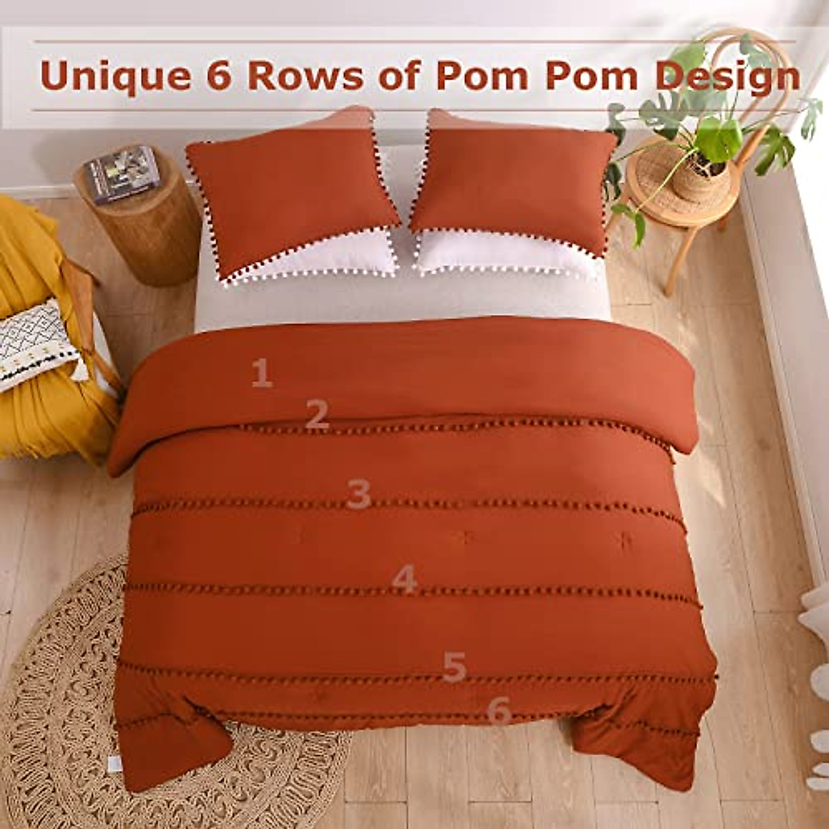 Sanracie Terracotta Comforters Queen Size Set Boho,Burnt Orange Pom Pom Farmhouse Bedding Sets Queen Bed Comforter Set 3 Pieces