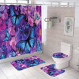 Blue Butterfly Shower Curtain Set with Non-Slip Rugs Toilet Lid Cover and Bath Mat 4 Pcs Purple Flowers Shower Curtain Sets with Rugs Bathroom Curtain with 12 Hooks Butterfly Bathroom Sets