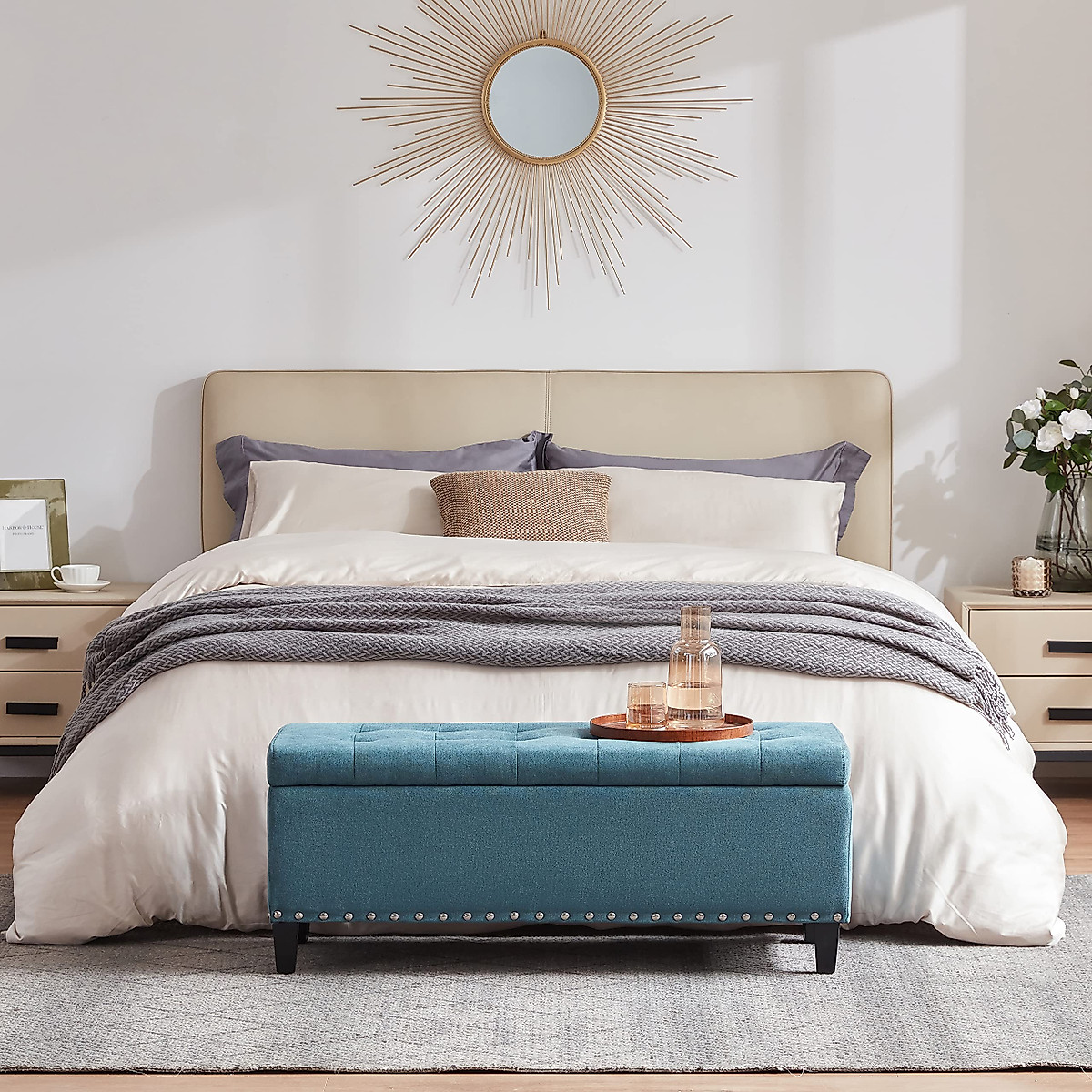 HUIMO Ottoman with Storage, 41-inch Upholstered Fabric Storage Ottoman with Safety Hinge, Storage Bench with Button-Tufted, Ottoman Bench for Bedroom, Entryway, Living Room, End of Bed Bench (Teal)