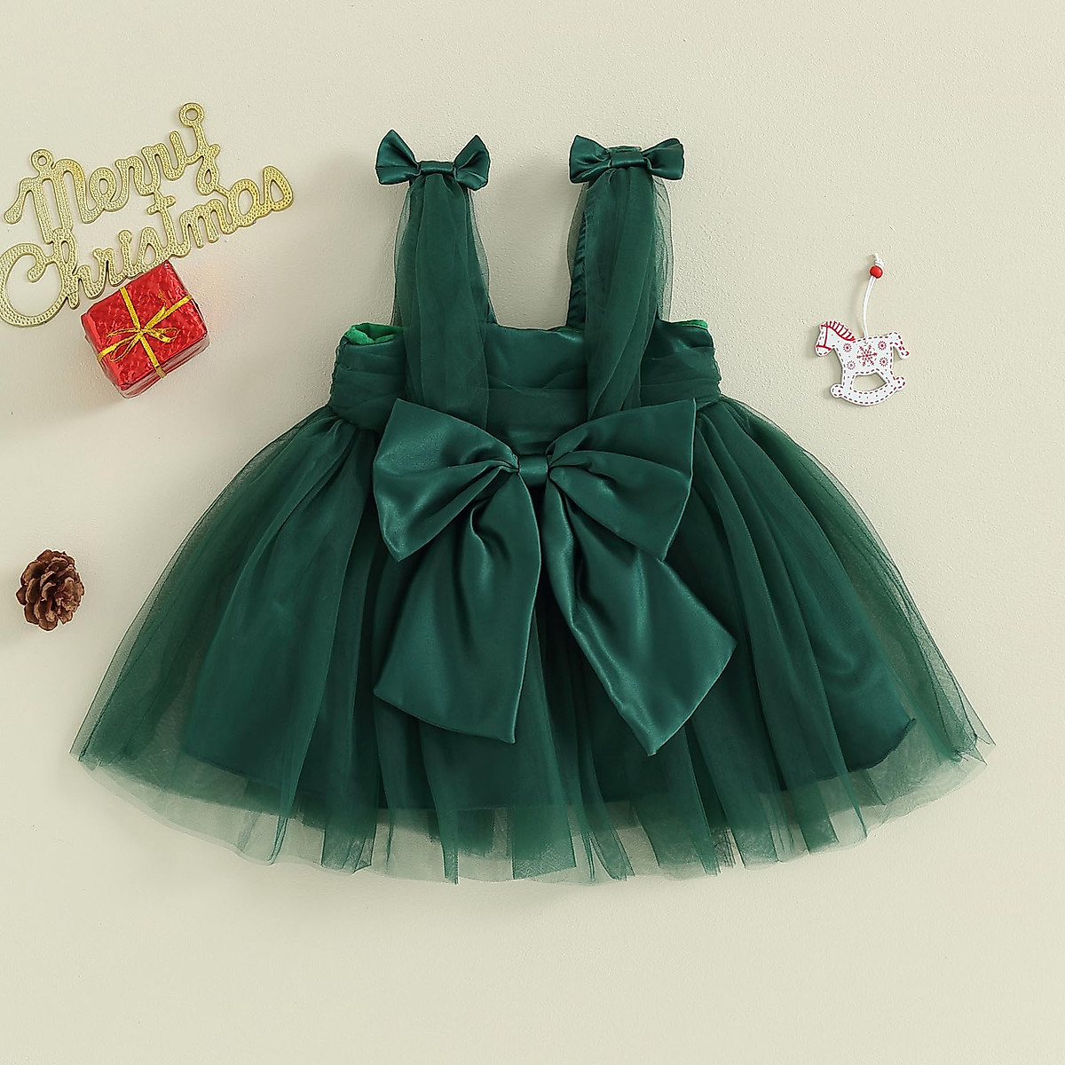 SHUING Infant Toddler Baby Girl Slip Dress Patchwork Tulle Christmas Outfit Elegant Bow Sleeveless Skirt Party Clothes (Green, 2-3 Years)
