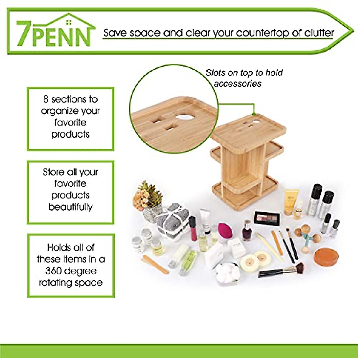 7Penn Bathroom Cosmetic Organizer Countertop Rotating Makeup Display - 11in Bamboo Bathroom Tower Shelf 2 Tier Organizer