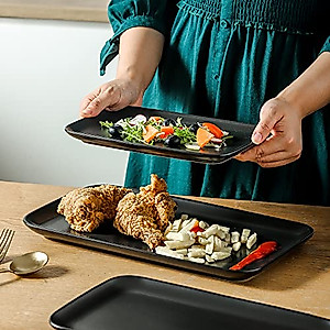 KOOV Ceramic Rectangular Serving Tray, 14/12/10 Inch Large Serving Platter, Porcelain Serving Plates with 3 Sizes, Ceramic Serving Dishes for Party, Food, Appetizers and Dinner, Set of 3 (Matte Black)