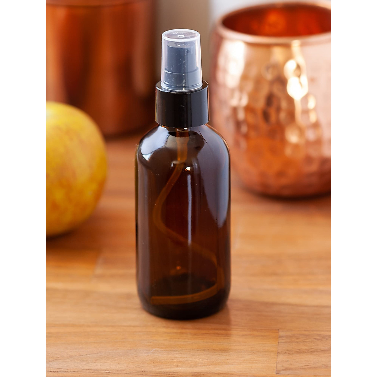 JUVITUS 4 oz Amber Glass Boston Round Bottle with Black Treatment Pump (4 pack) + Funnel