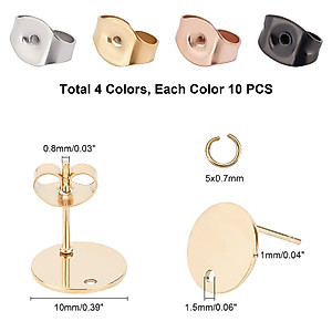 UNICRAFTALE 4 Mixed Colors Stud Earrings 40pcs(20Pairs) Stainless Steel Stud Earring with Ear Nuts 0.8mm Pin Flat Round Earring Post with Loop Earring Studs Components for Jewelry Making