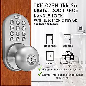 MiLocks TKK-02SN Tkk-Sn Digital Door Knob Handle Lock with Electronic Keypad - Keyless Entry Smart Door Lock with Adjustable Latch Locks, Audible Tones for Interior Front Doors & More, Satin Nickel