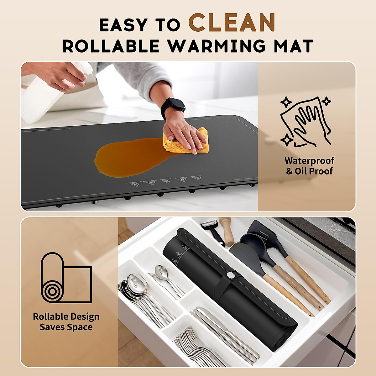 VTAR Electric Food Warming Mat Tray Warmer for Party Buffet Servers Hot Logic Heating Heater Full Surface Keep Warm, Rollable Portable, Premium Silicone, 3 Temperature Set, Auto Shut Off - Black